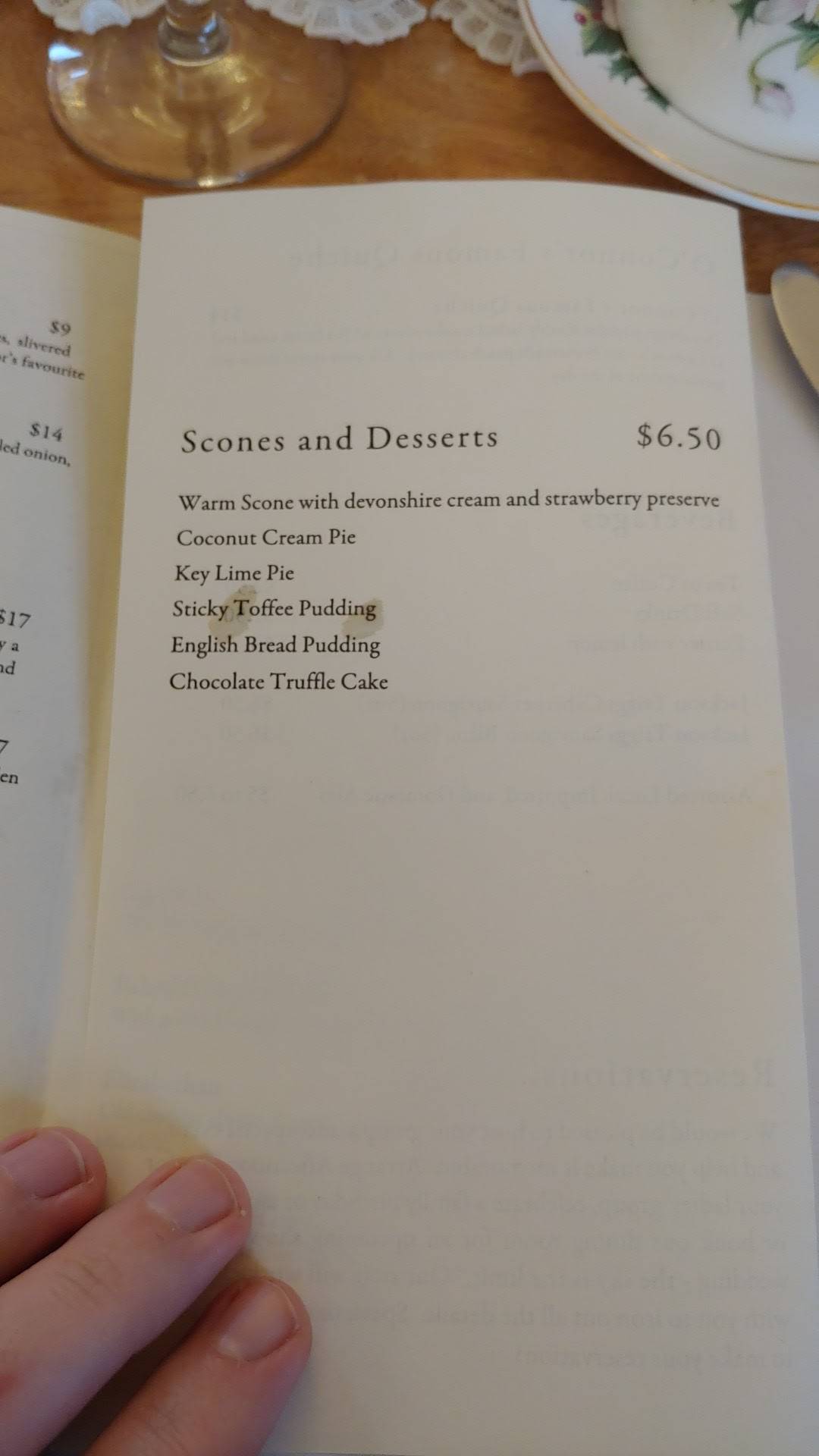 Menu at The O’Connor House English Tea Room restaurant, Deseronto