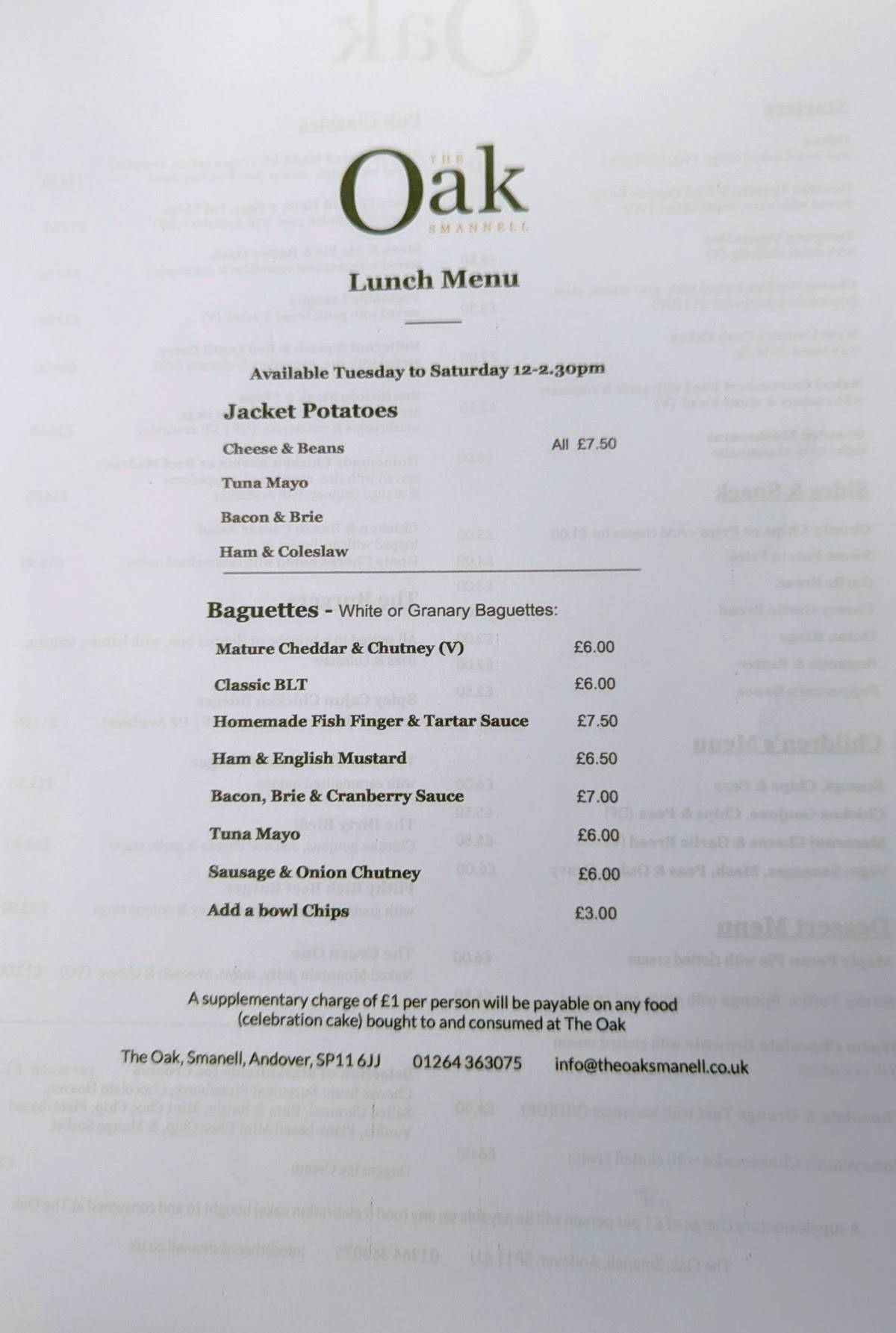 Menu at The Oak pub & bar, Andover