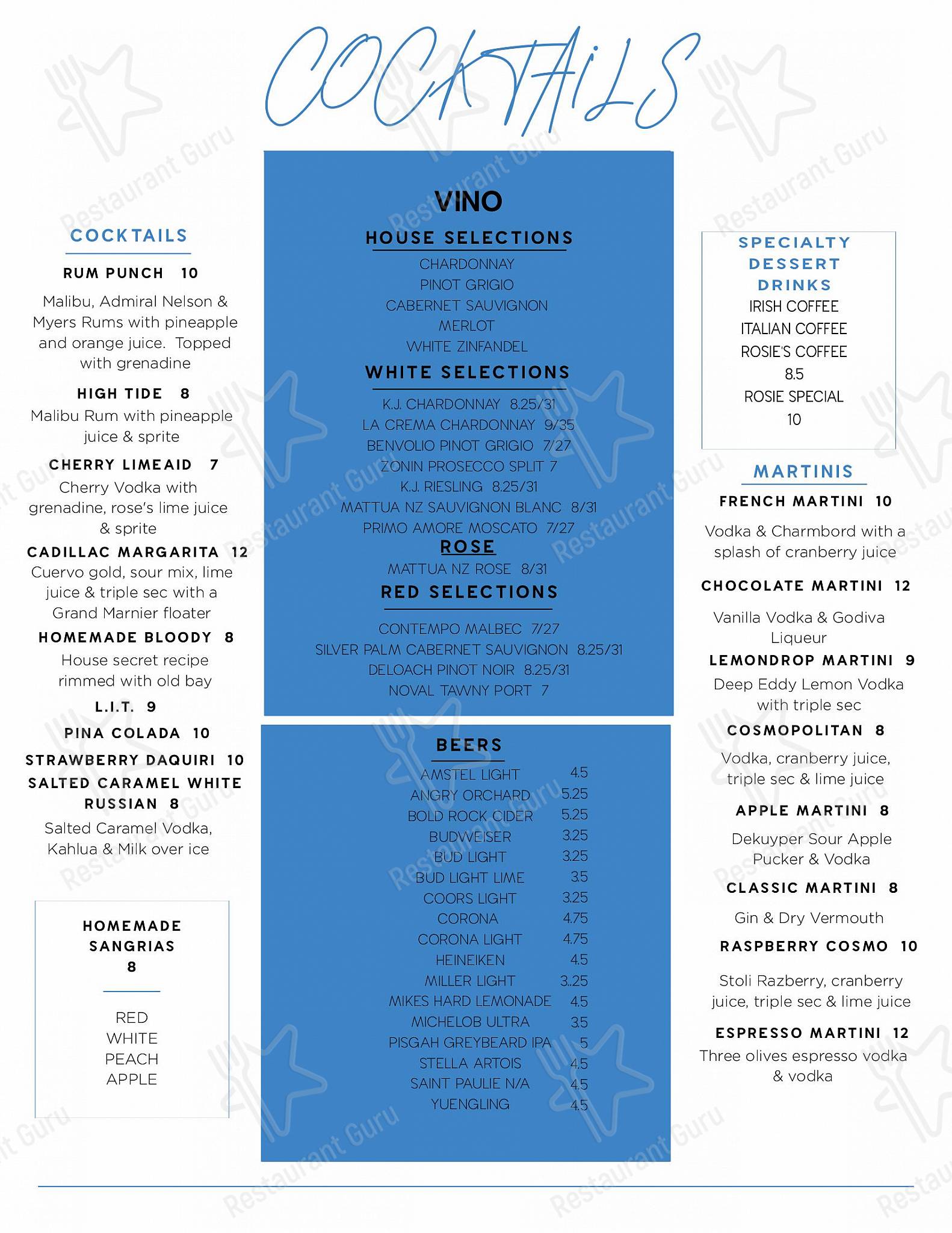 Menu at The Officers Club, Little River South Carolina, Little River