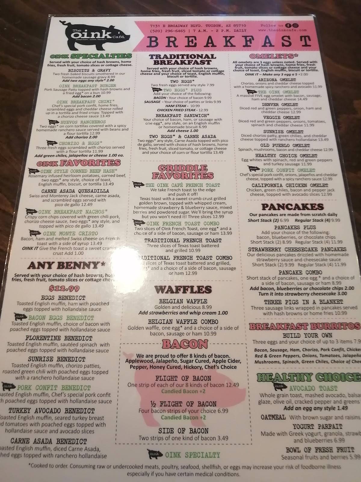 Menu at The Oink Cafe, Tucson