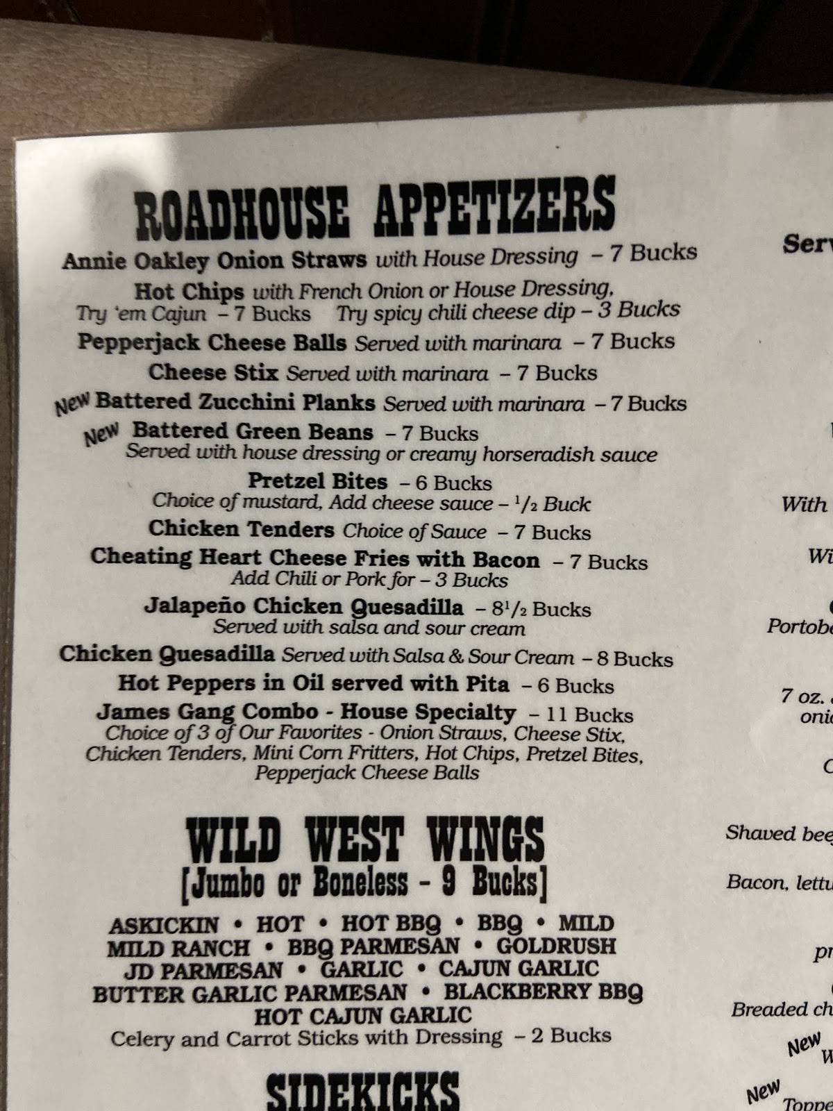 Menu at The Original Roadhouse steakhouse, East Palestine
