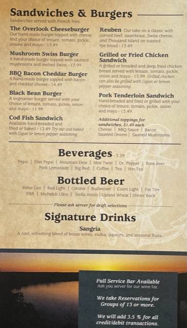 Menu at The Overlook Restaurant, Leavenworth