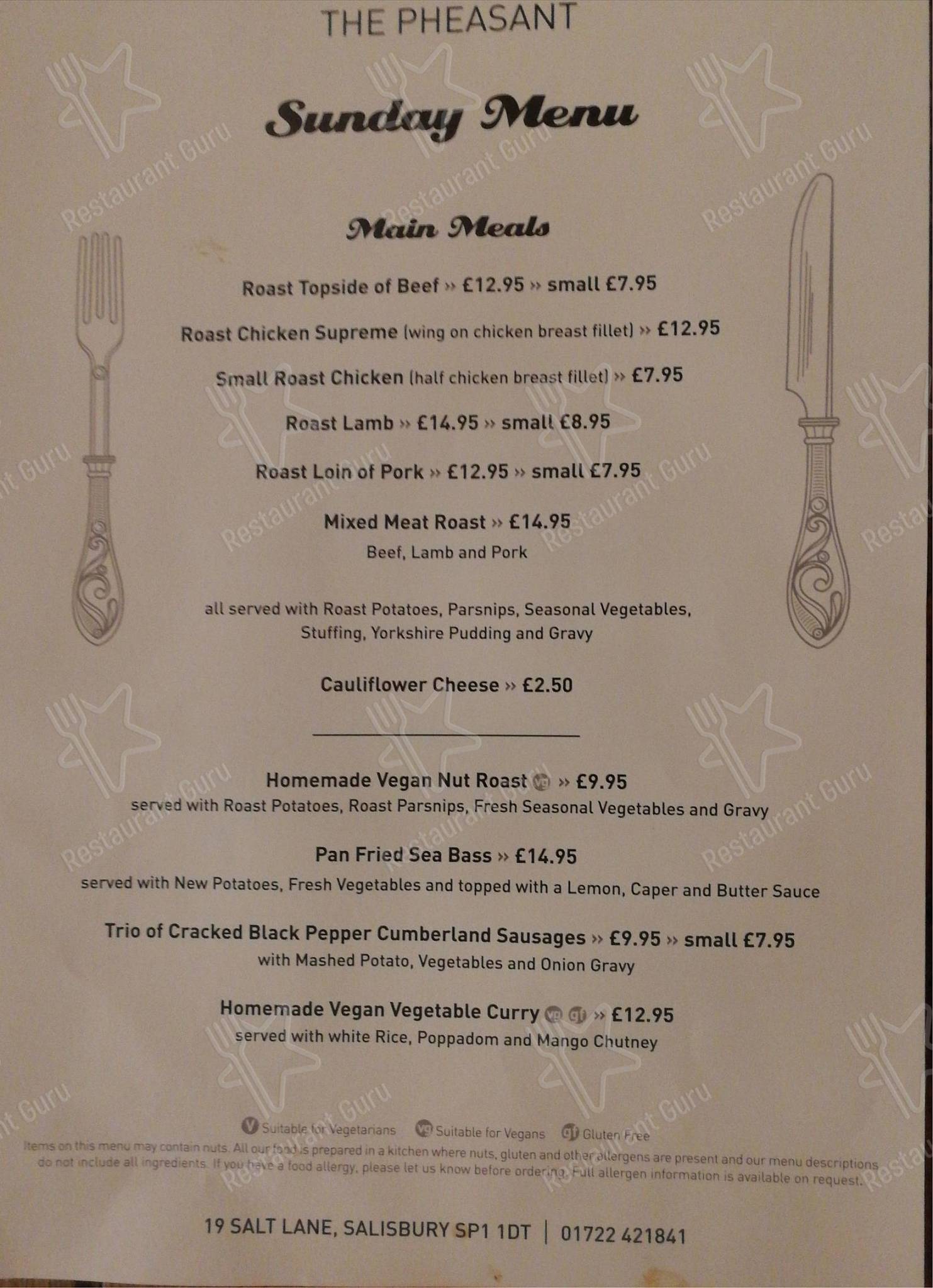 Menu at The Pheasant Inn restaurant, Salisbury