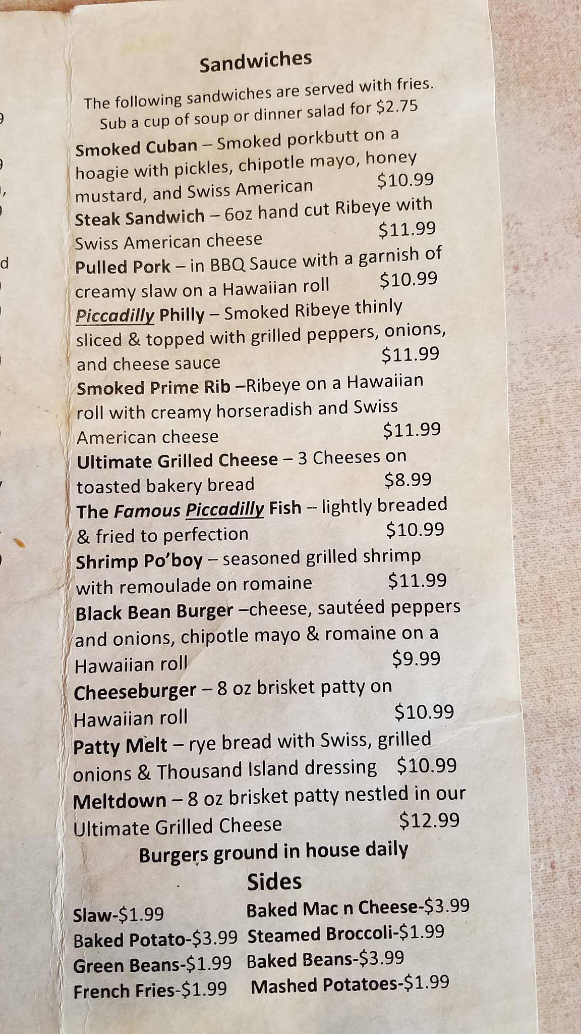 Menu at The Piccadilly at Manhattan restaurant, St. Louis, Piccadilly Ave