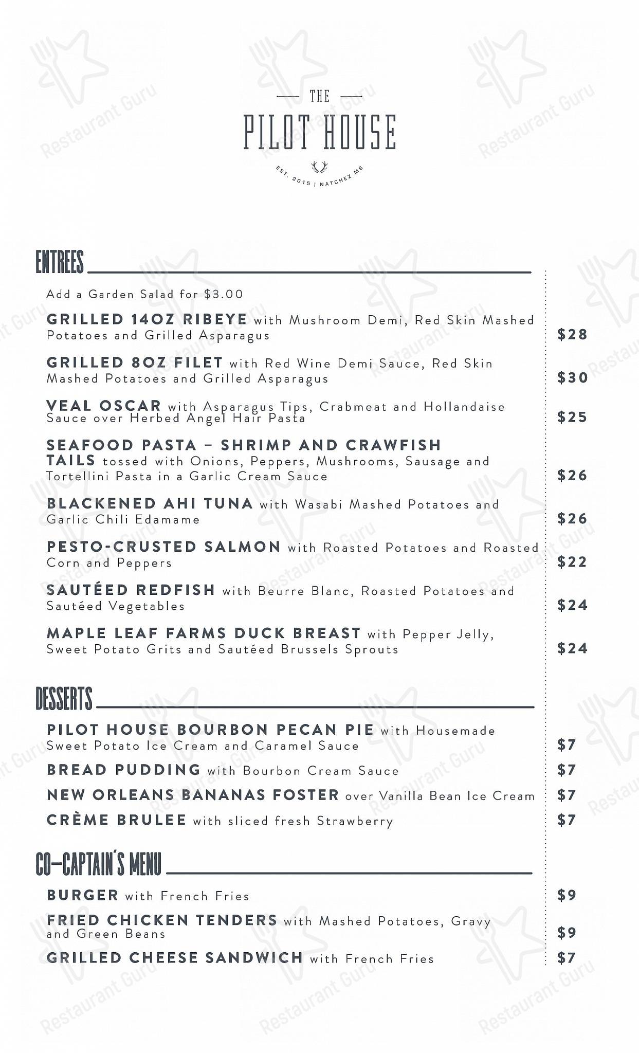 Menu at The Pilot House restaurant, Natchez