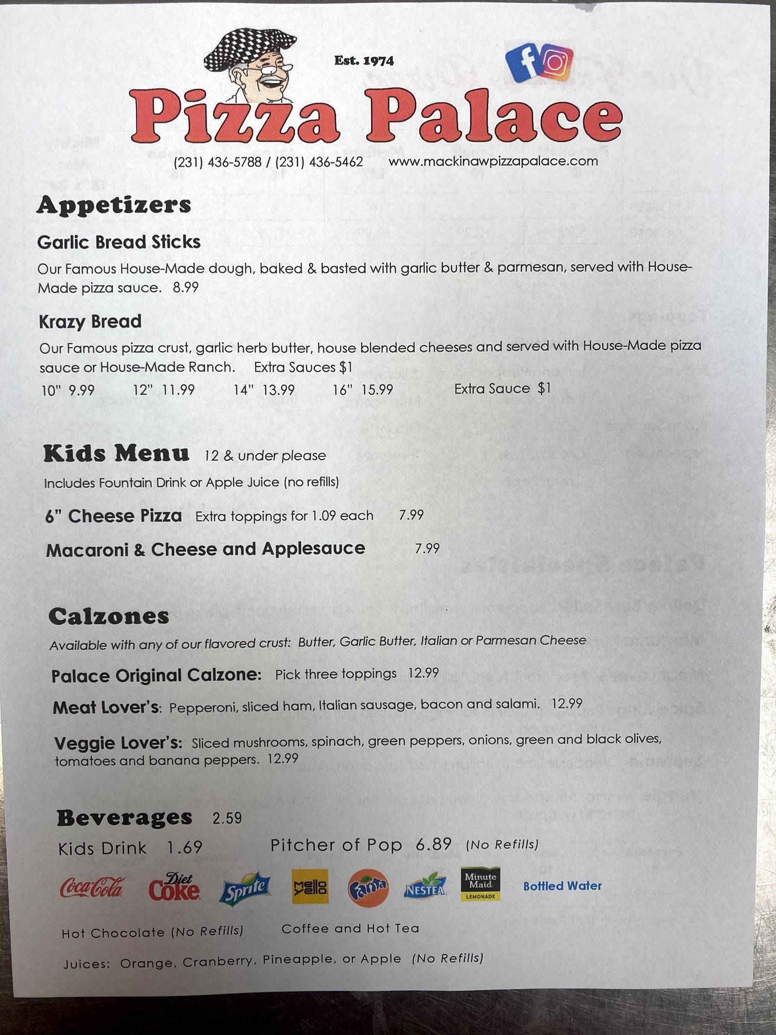 Menu at The Pizza Place pizzeria, Mackinaw City