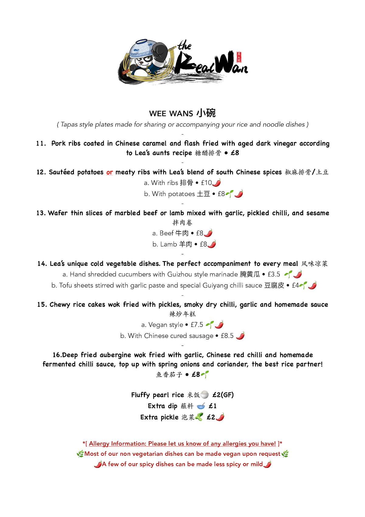 Menu at The Real Wan restaurant, Glasgow