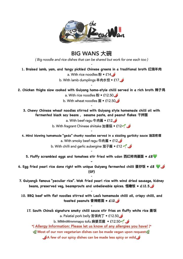 Menu at The Real Wan restaurant, Glasgow