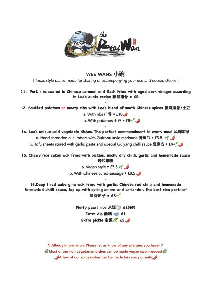 Menu at The Real Wan restaurant, Glasgow