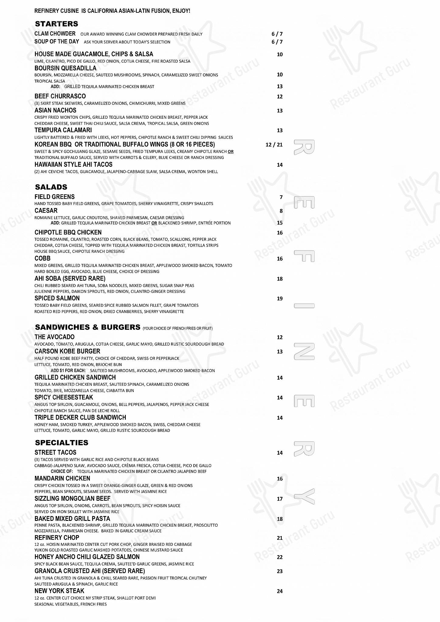 Menu at The Refinery restaurant, Carson