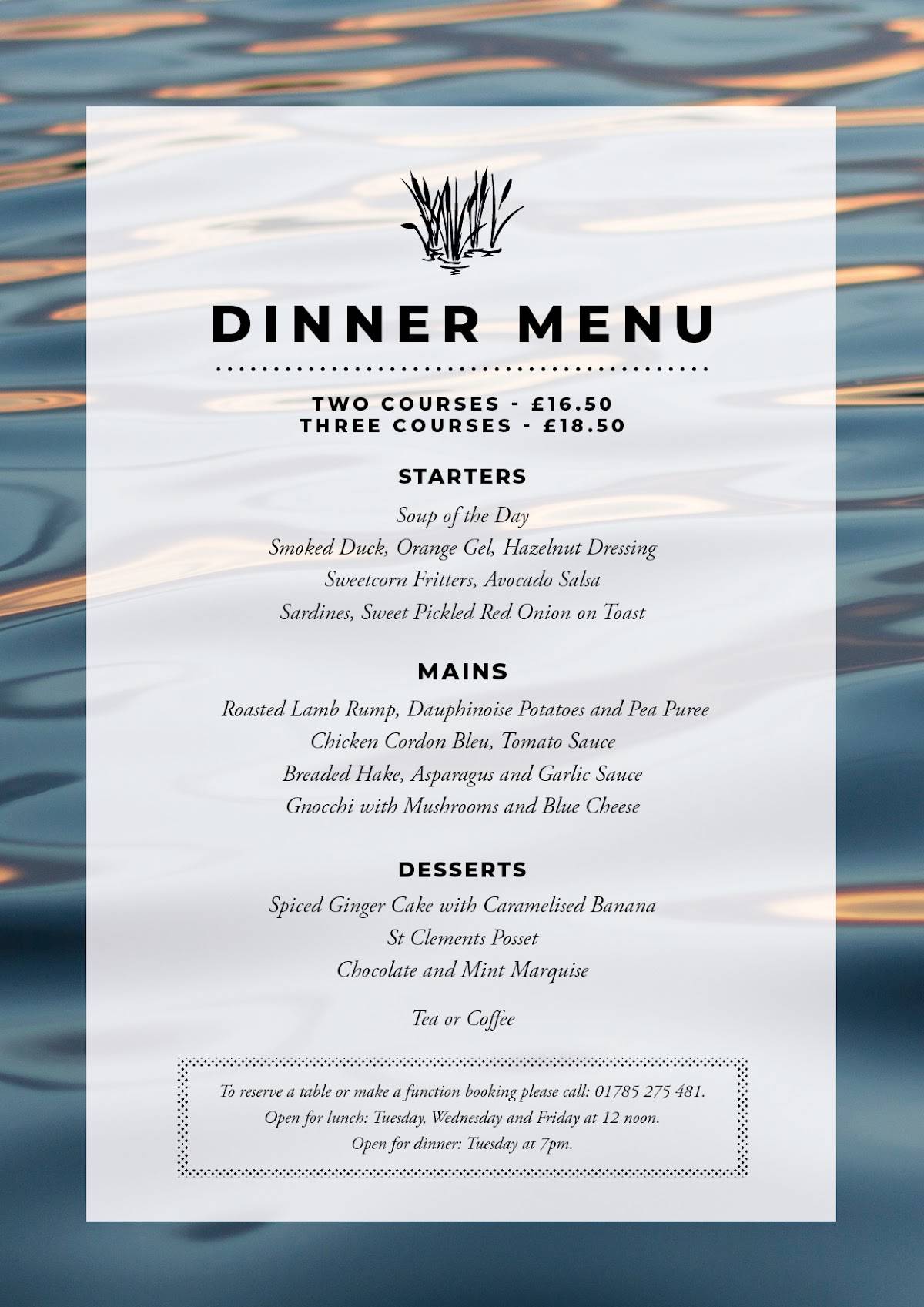 Menu at The Riverbank Restaurant(NSCG), Stafford