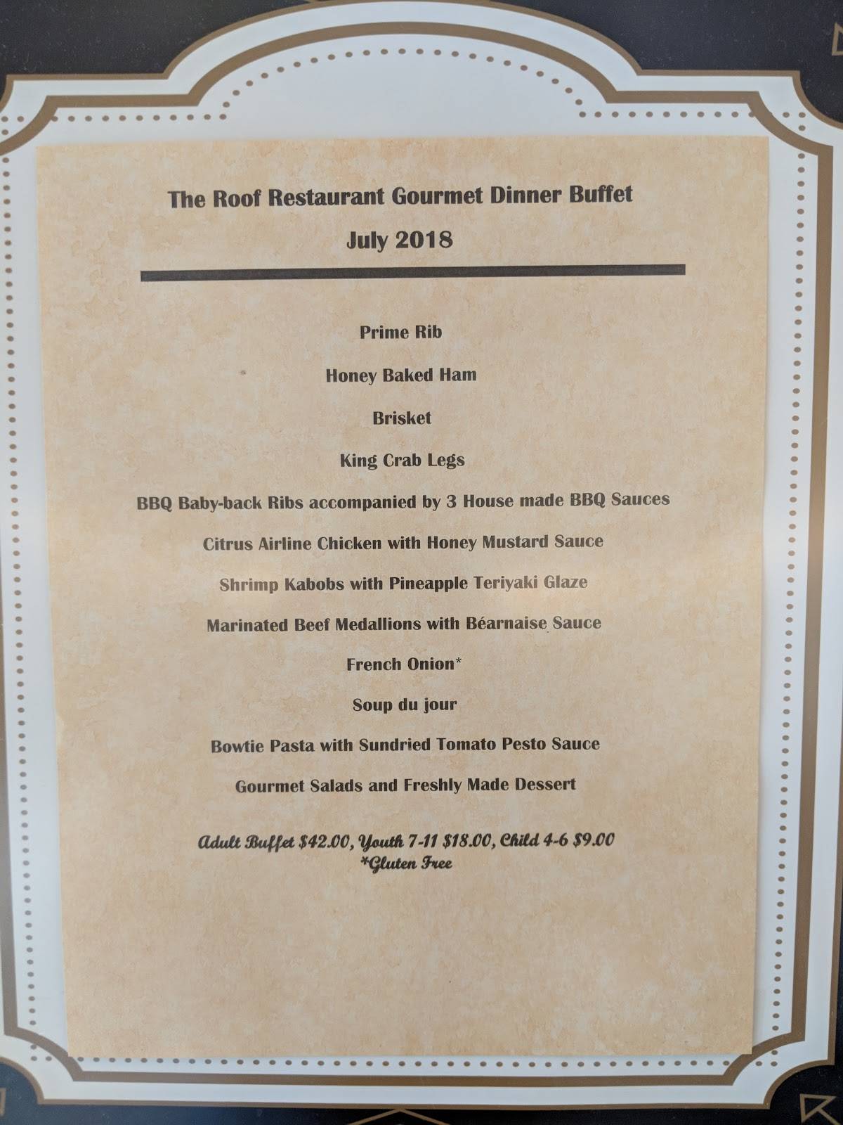 Menu at The Roof restaurant, Salt Lake City