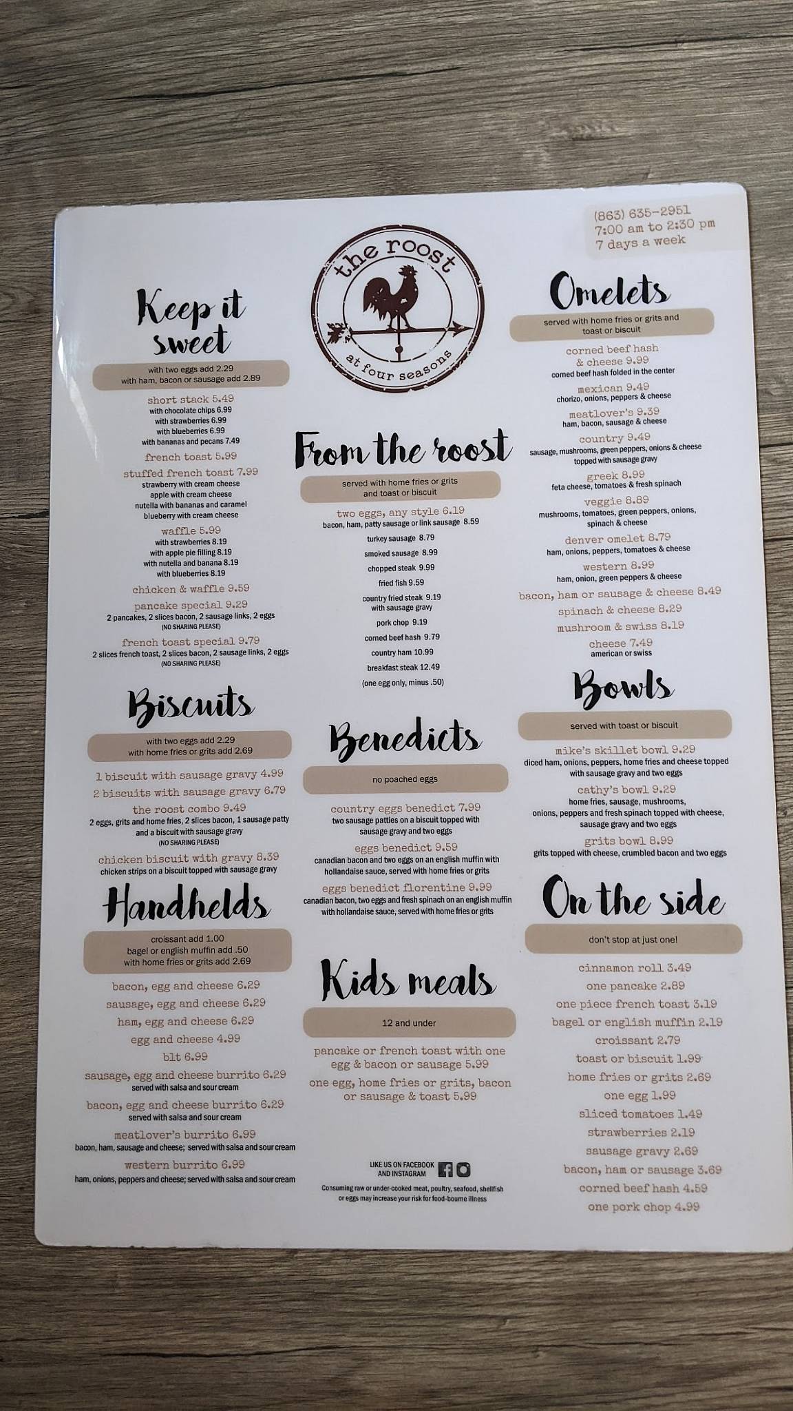 Menu at The Roost at Four Seasons restaurant, Frostproof, US Hwy 27