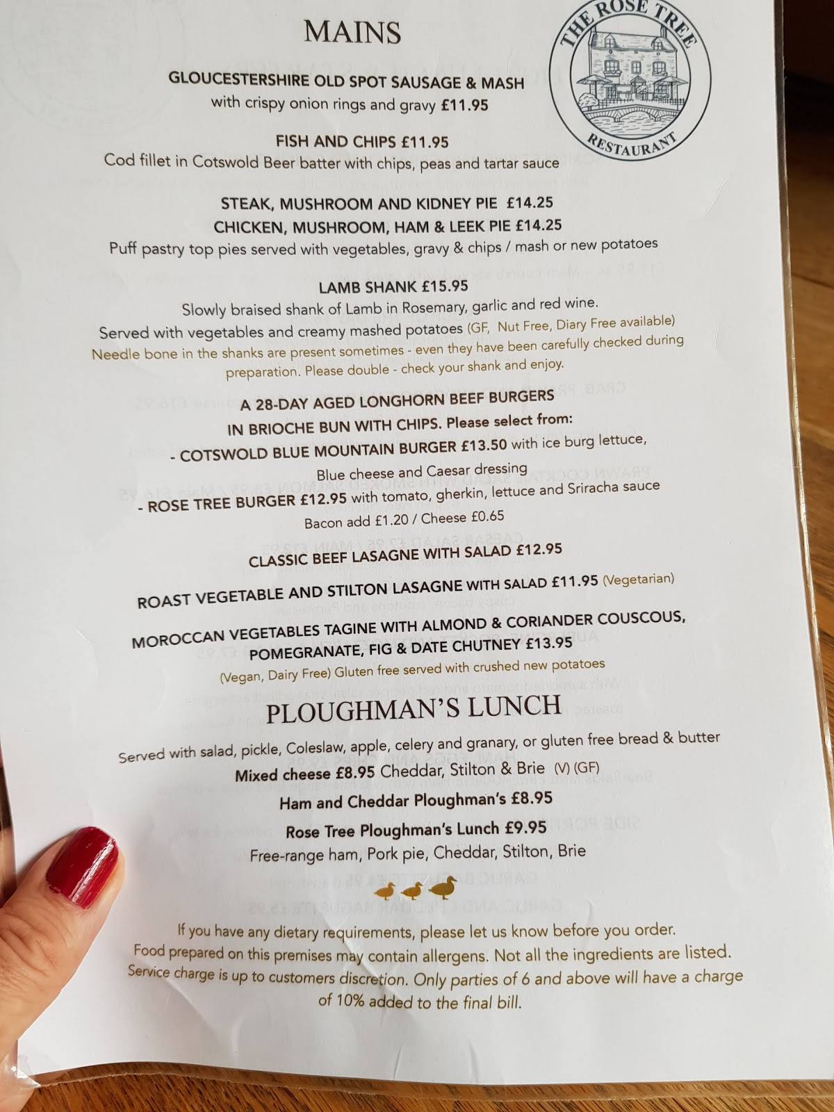 Menu at The Rose Tree Restaurant, Bourton-on-the-Water