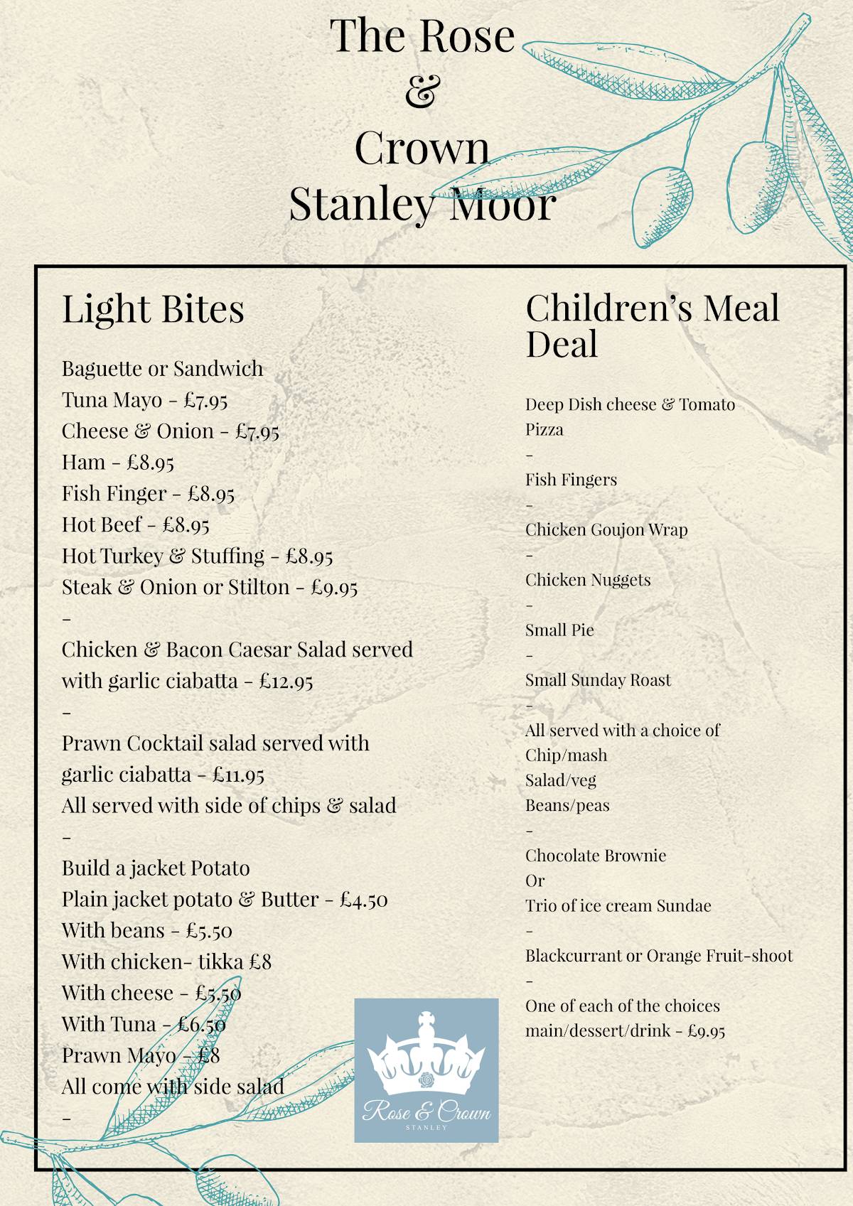 Menu at Rose & Crown pub & bar, Stoke-on-Trent, Stanley Rd