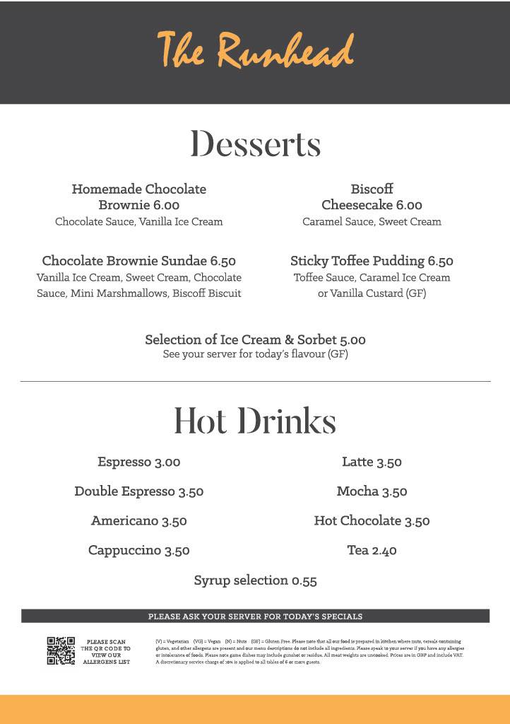 Menu at The Runhead pub & bar, Ryton, Holburn La