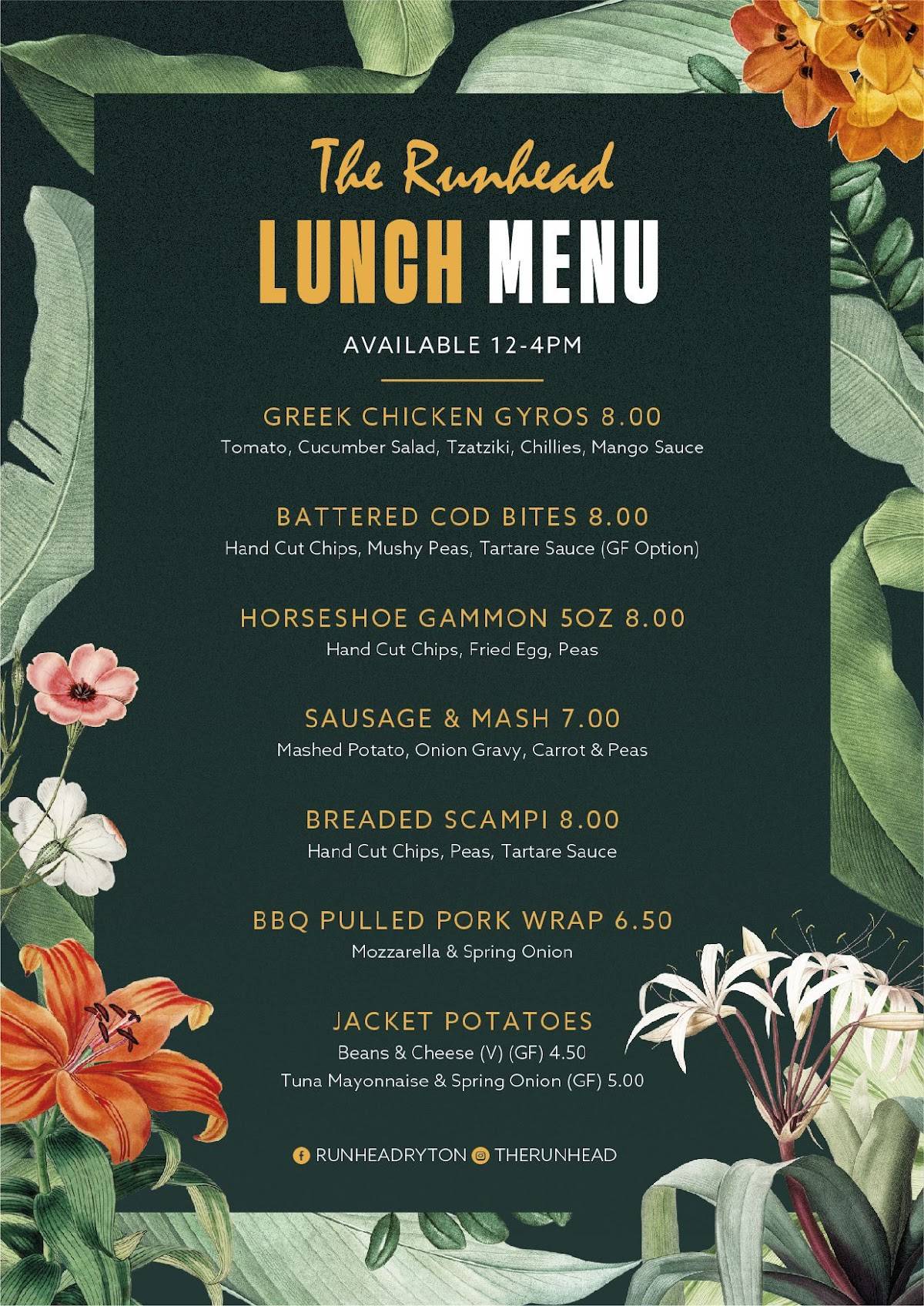 Menu at The Runhead pub & bar, Ryton, Holburn La