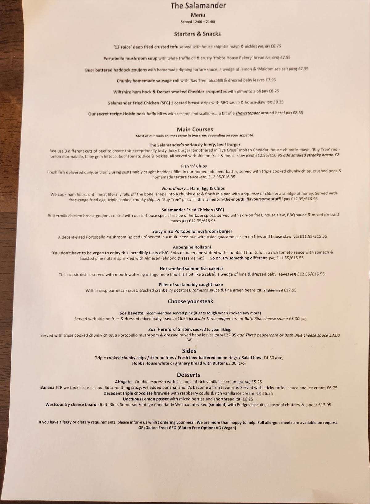 Menu at The Salamander - A Great British Pub., Bath