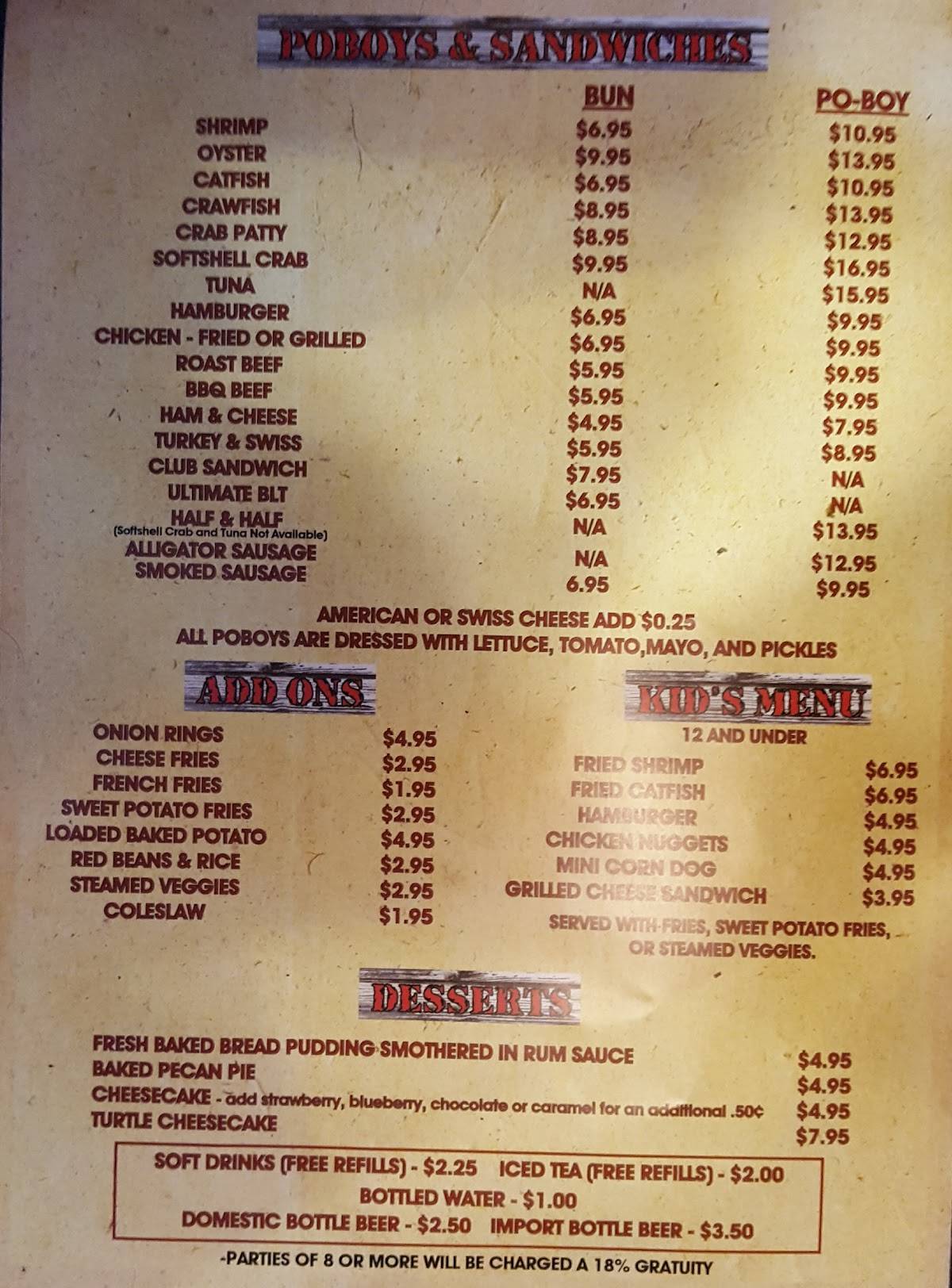 Menu at The Shack restaurant, Houma