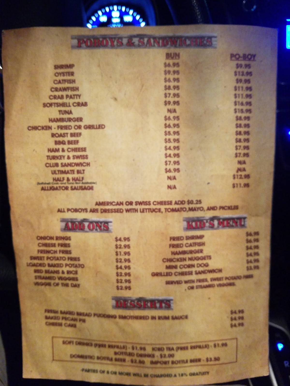 Menu at The Shack restaurant, Houma