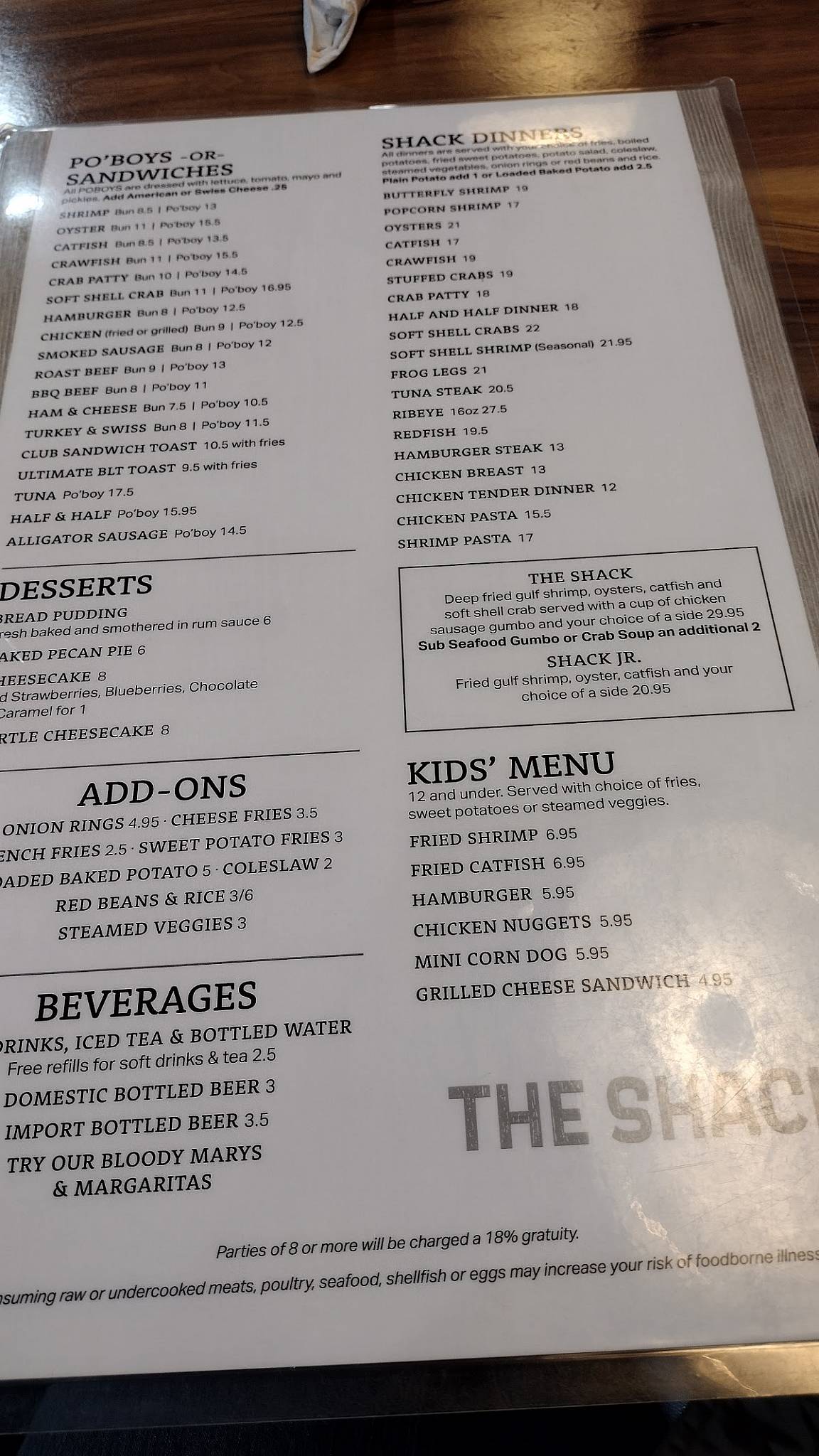 Menu at The Shack restaurant, Houma