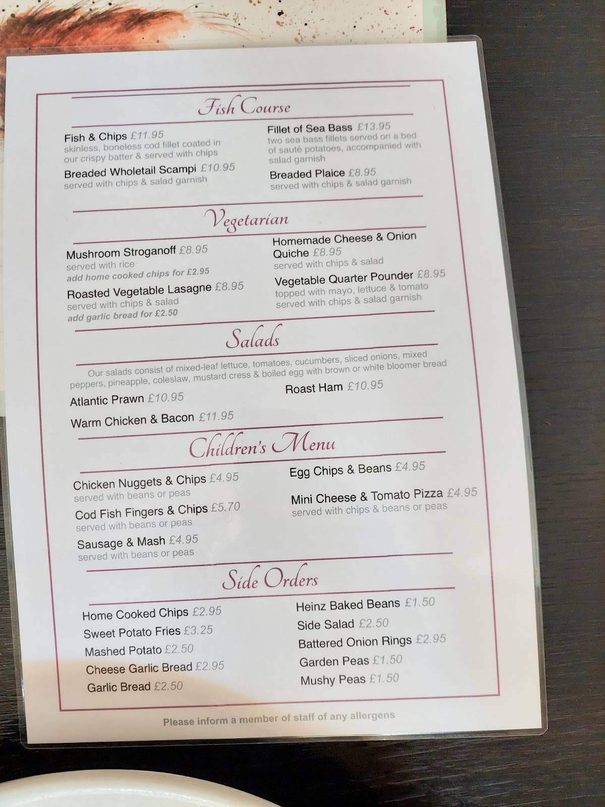 Menu at The Shepherd & Shepherdess Inn restaurant, Stanley