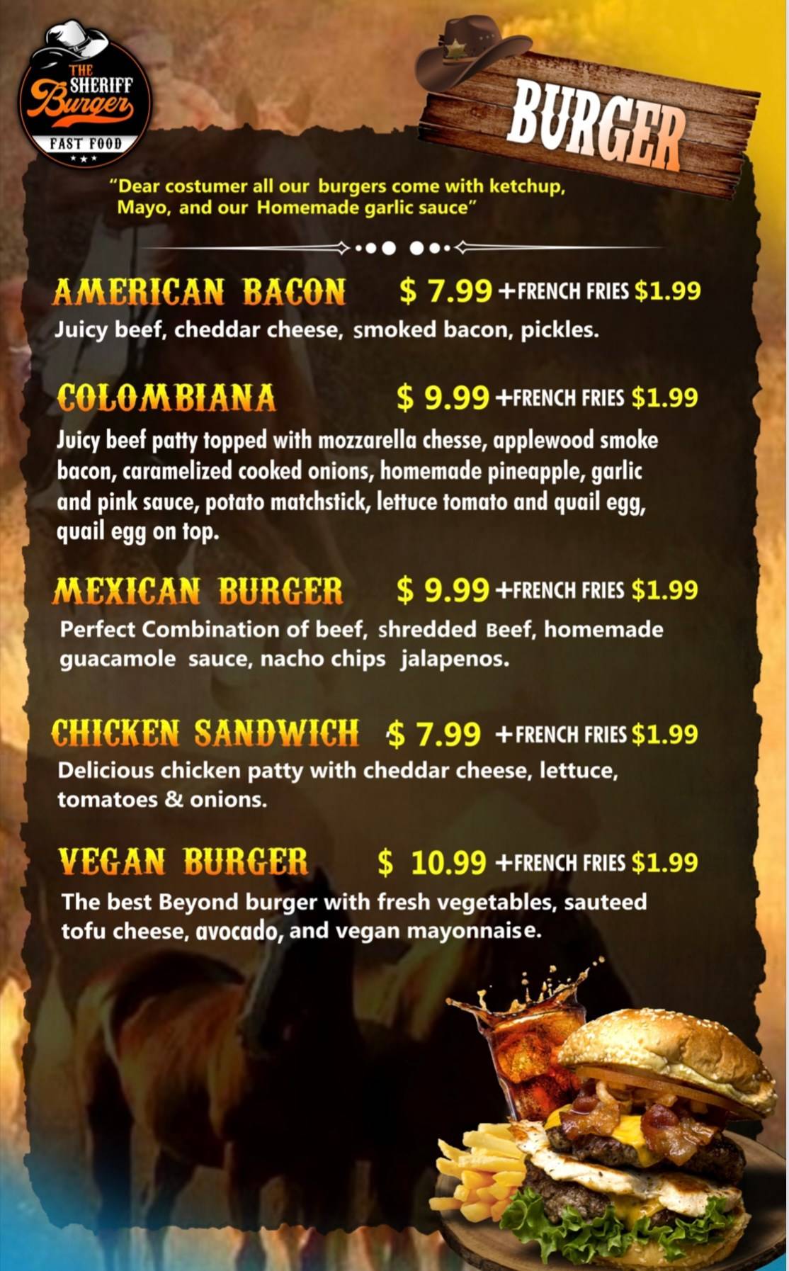 Menu at The Sheriff Burger restaurant, Simpsonville