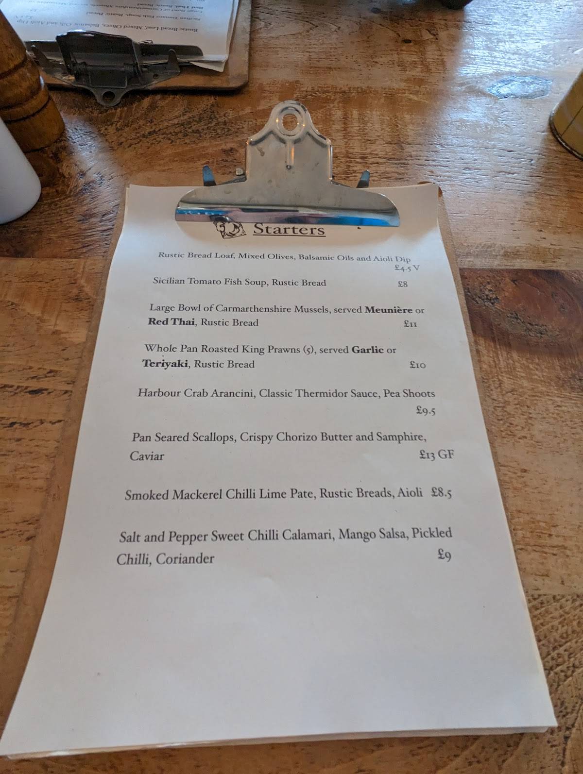 Menu at The Stone Crab restaurant, Saundersfoot