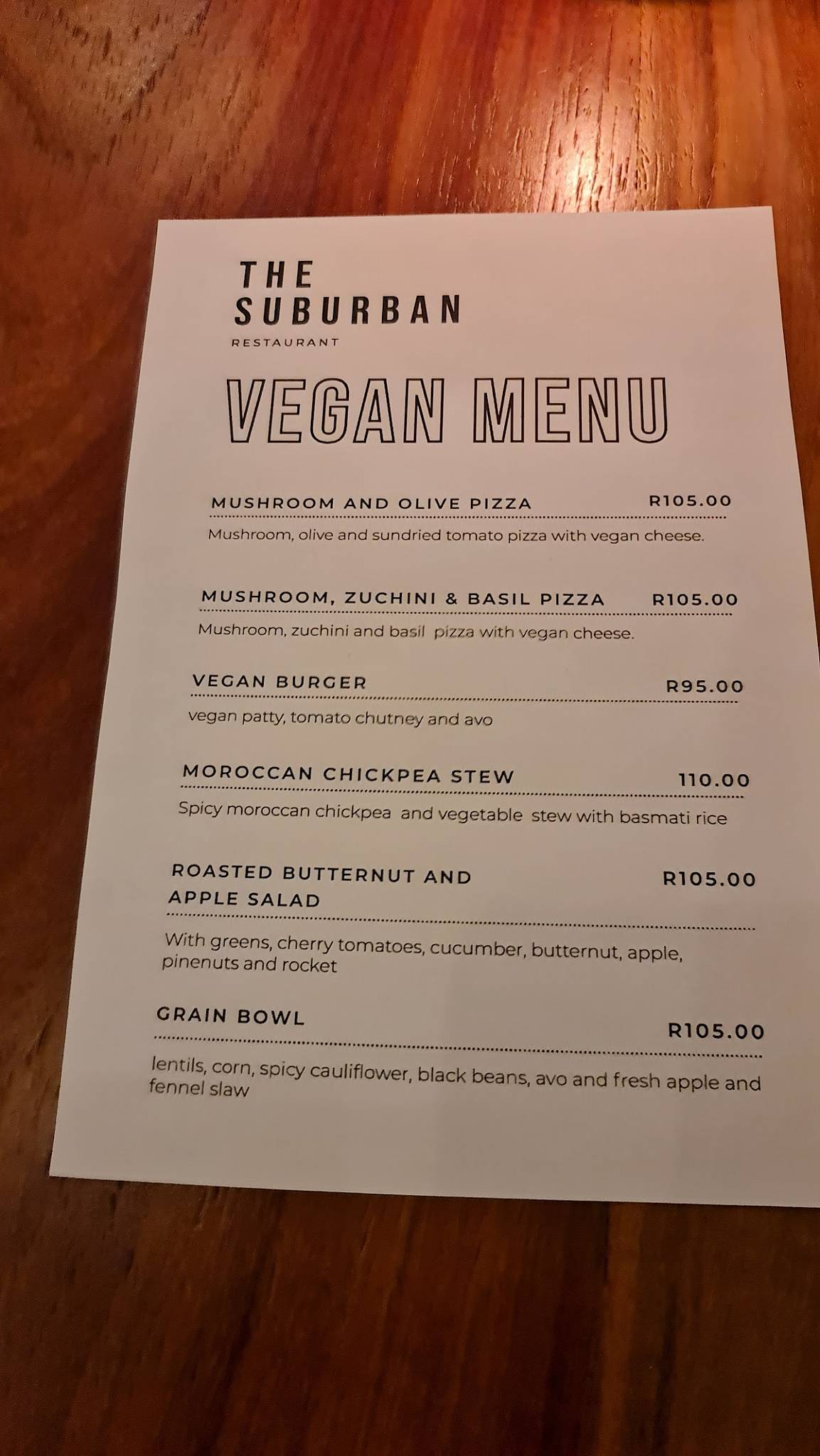 Menu at The Suburban Restaurant, Centurion