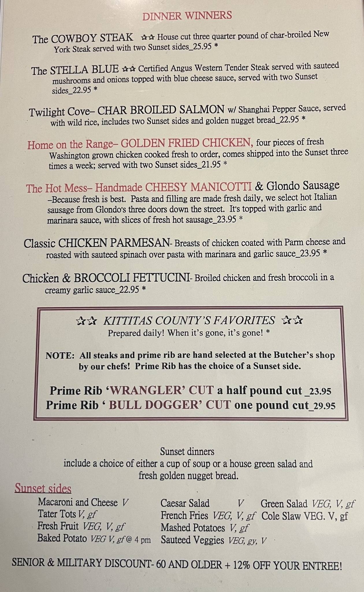 Menu at The Sunset Cafe, Cle Elum
