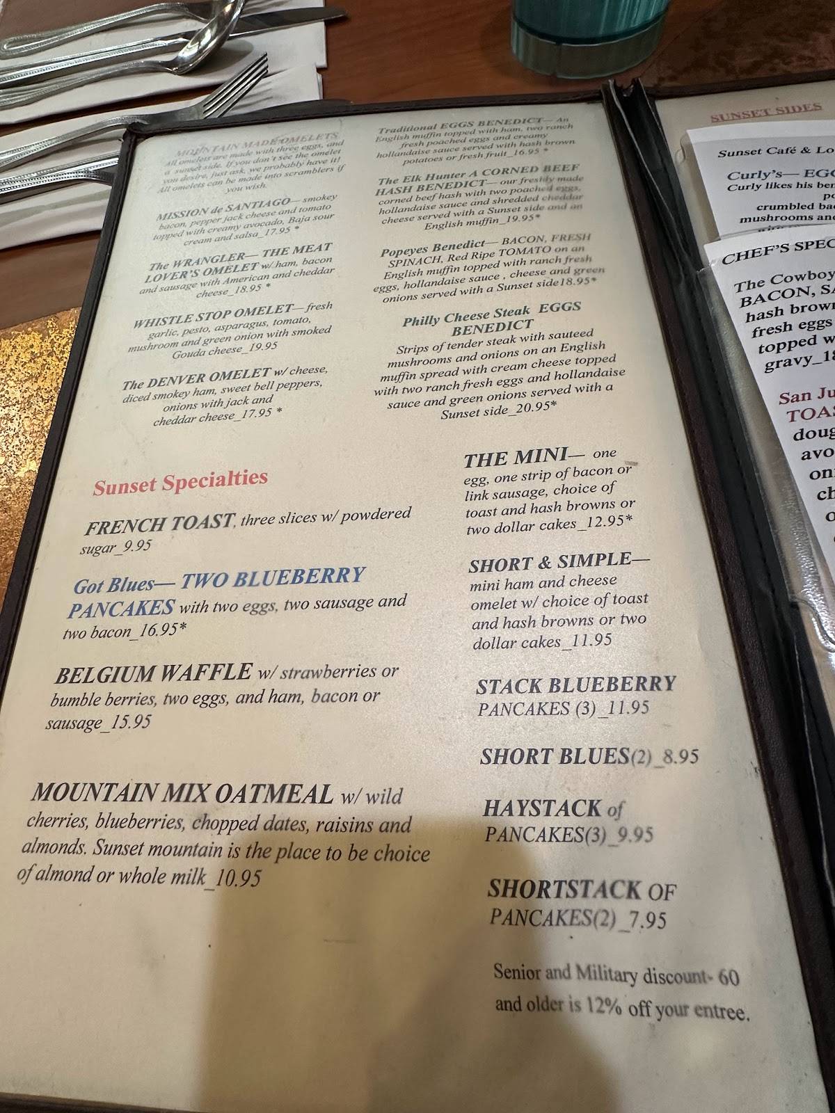 Menu at The Sunset Cafe, Cle Elum