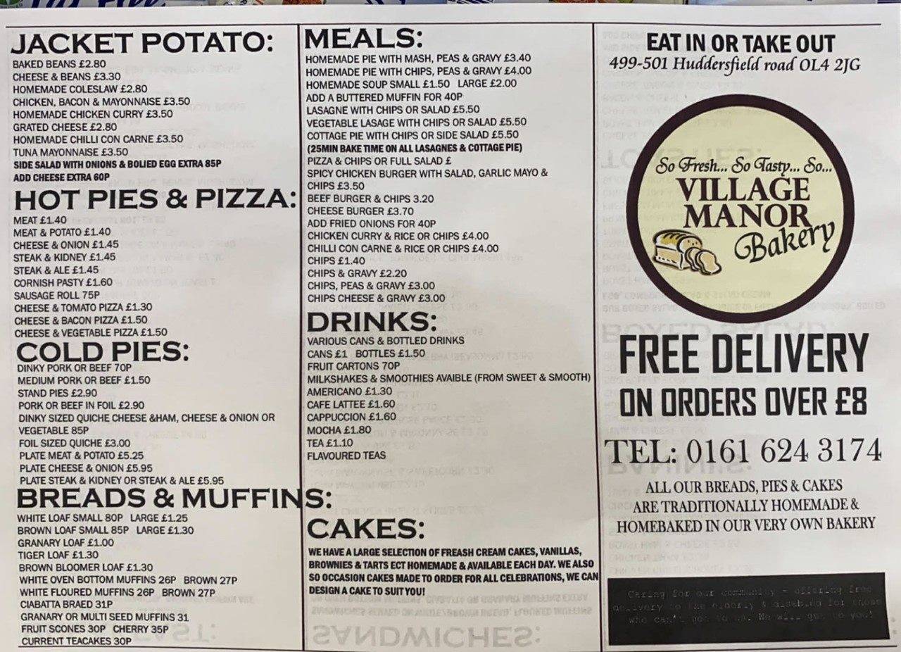 Menu at Village Manor Bakery, Oldham
