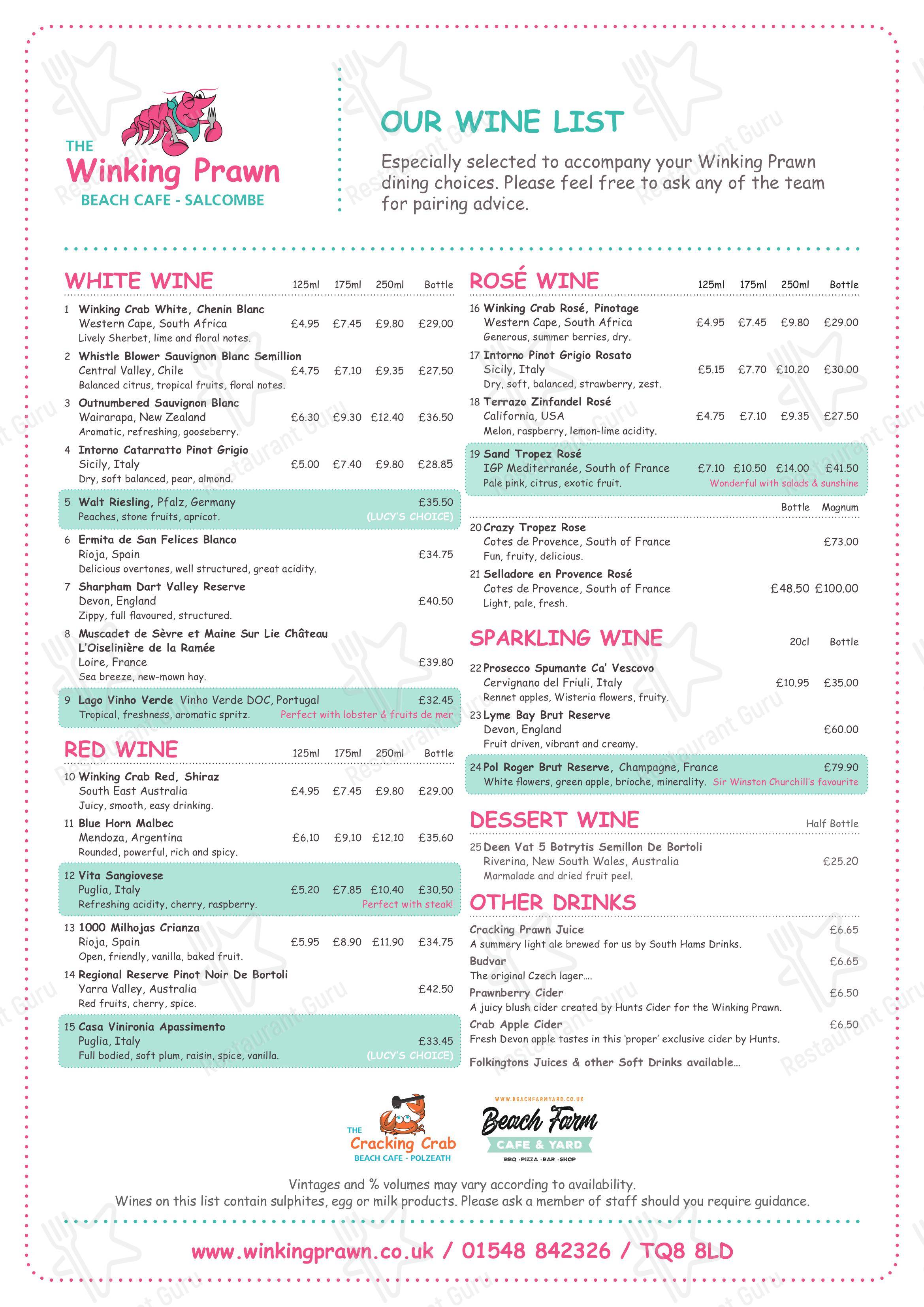 Menu at The Winking Prawn restaurant, Salcombe