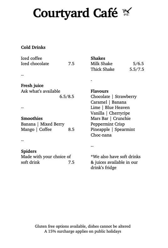 Menu at The Wren Courtyard cafe, Echuca