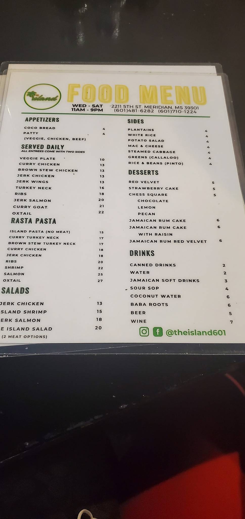 Menu at The Island 601 restaurant, Meridian