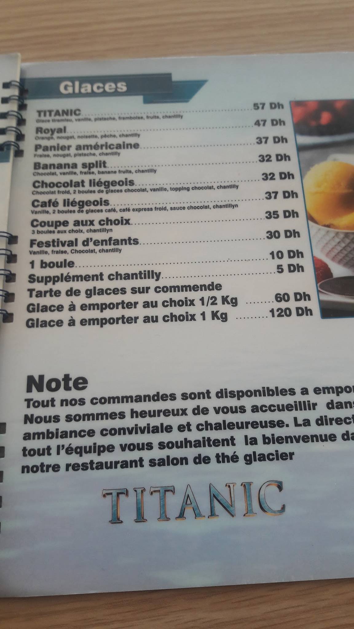 Menu au Titanic café, Fes, 22F6+Q23