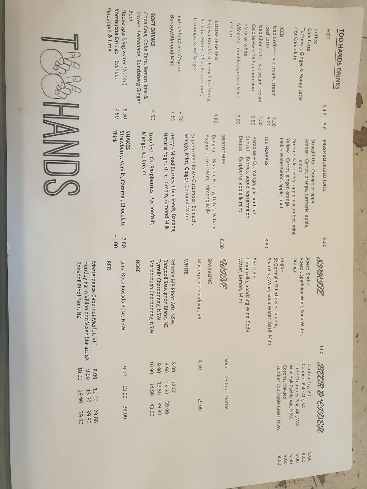 Menu at Too Hands restaurant, New Lambton