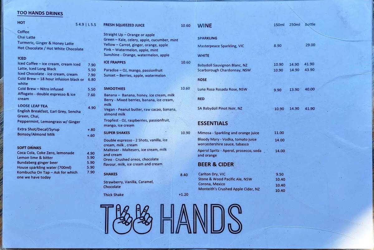 Menu at Too Hands restaurant, New Lambton