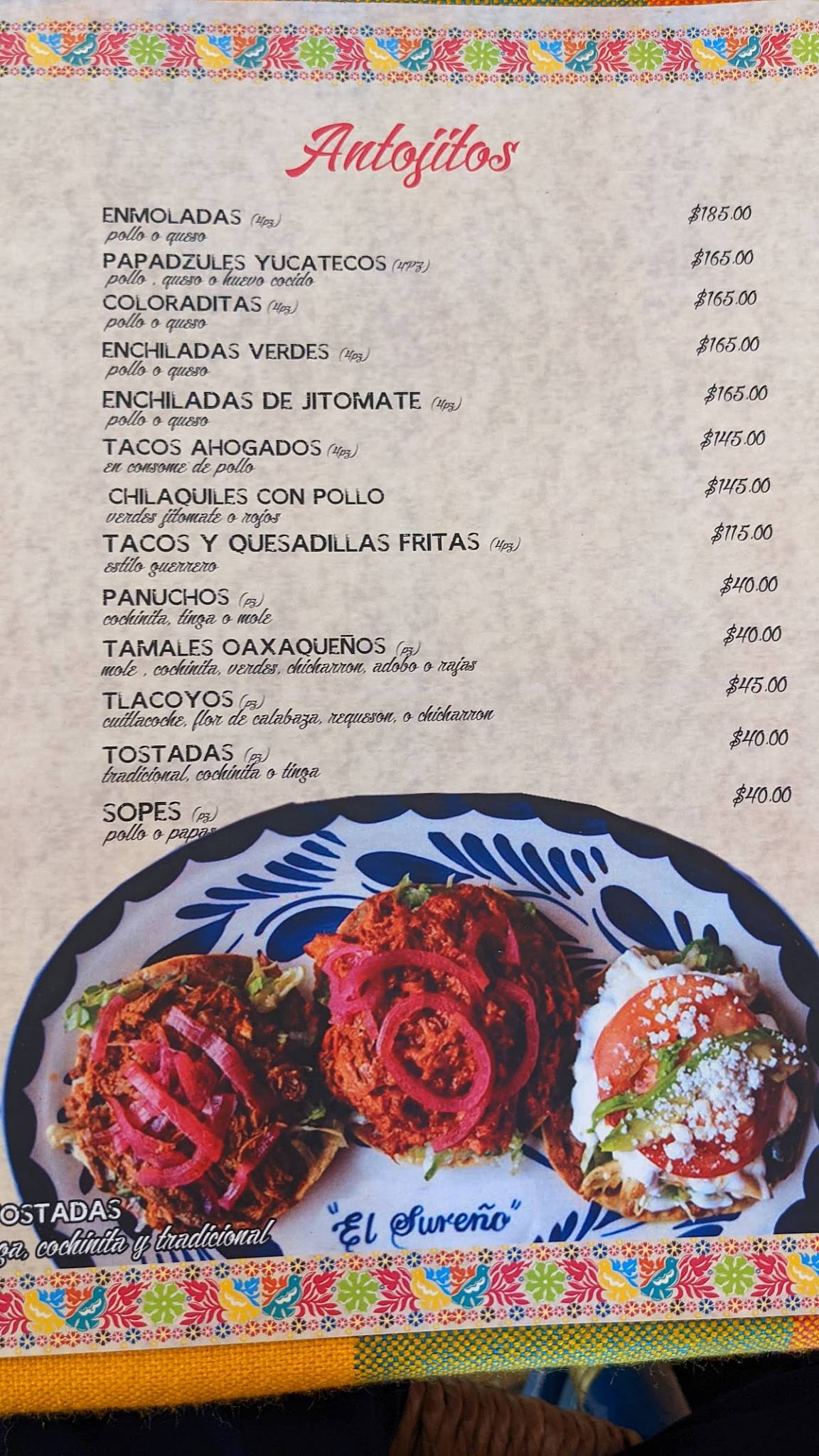 Carta del restaurante El Sureño, Torreón, Calle González Ortega Sur 272