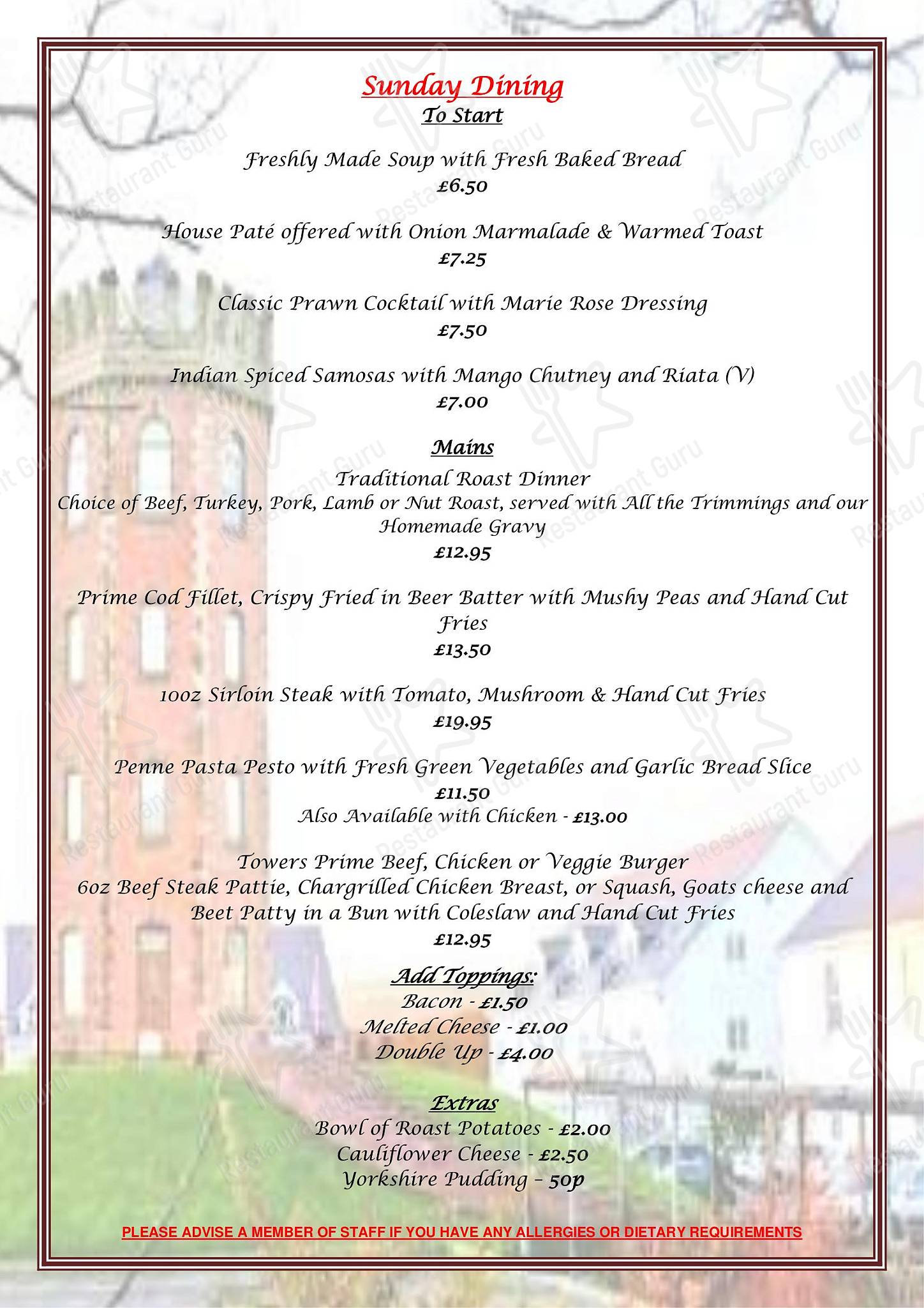 Menu at The Towers Swansea Bay pub & bar, Neath