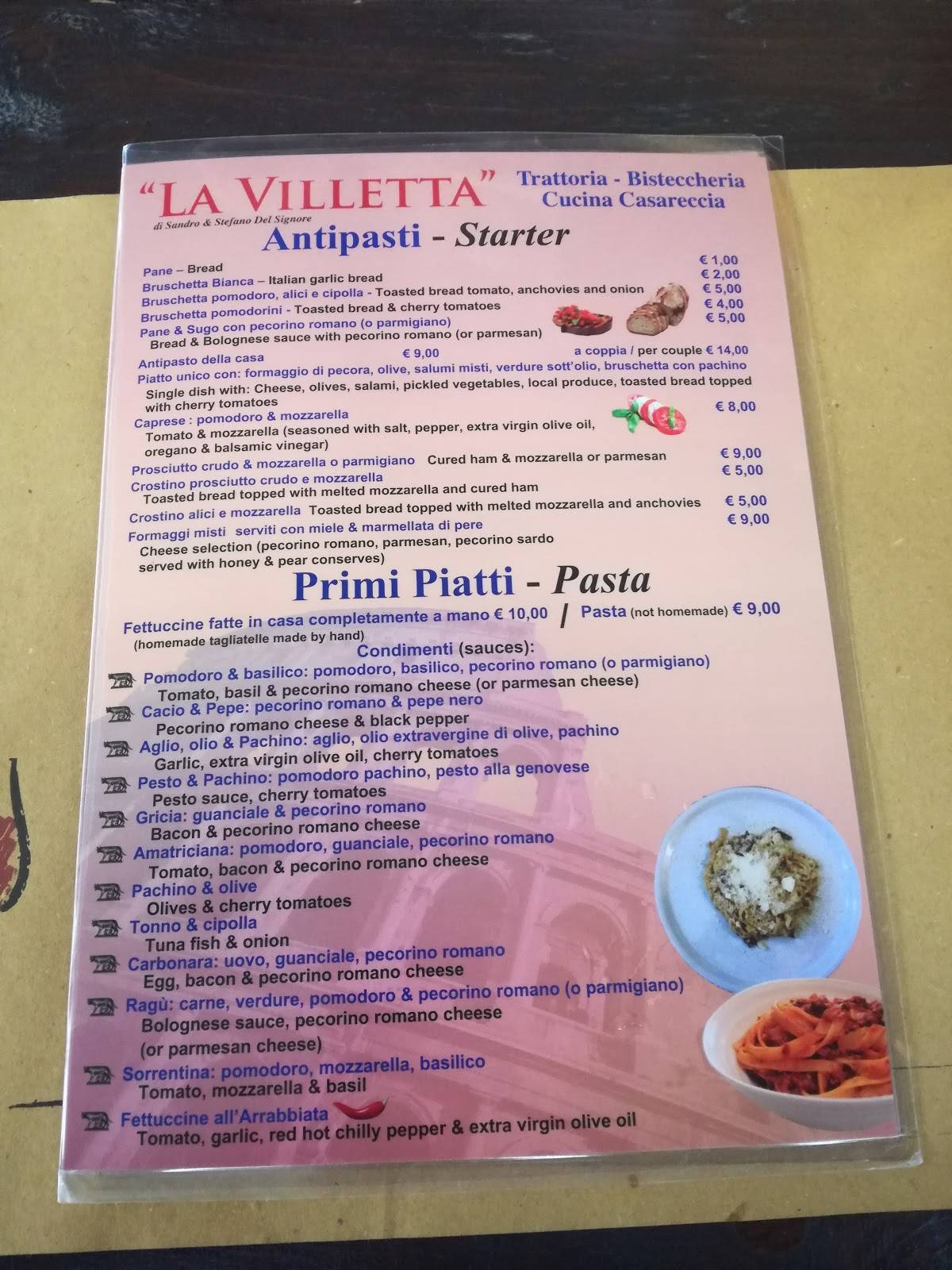 Menu da La Villetta a Torre Spaccata pizzeria, Roma, Via Romolo Artioli
