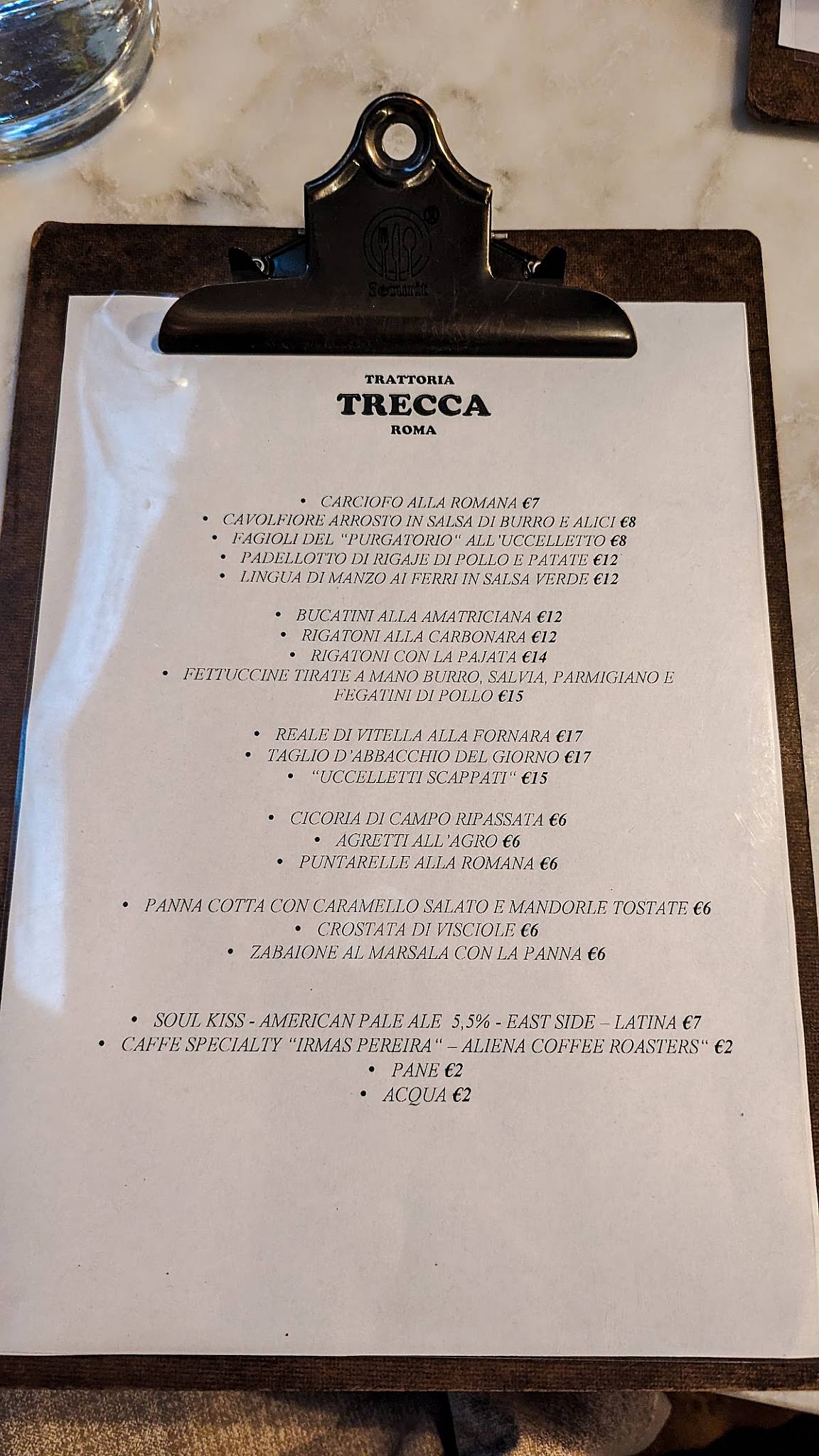 Menu at Trecca - Roma restaurant, Rome