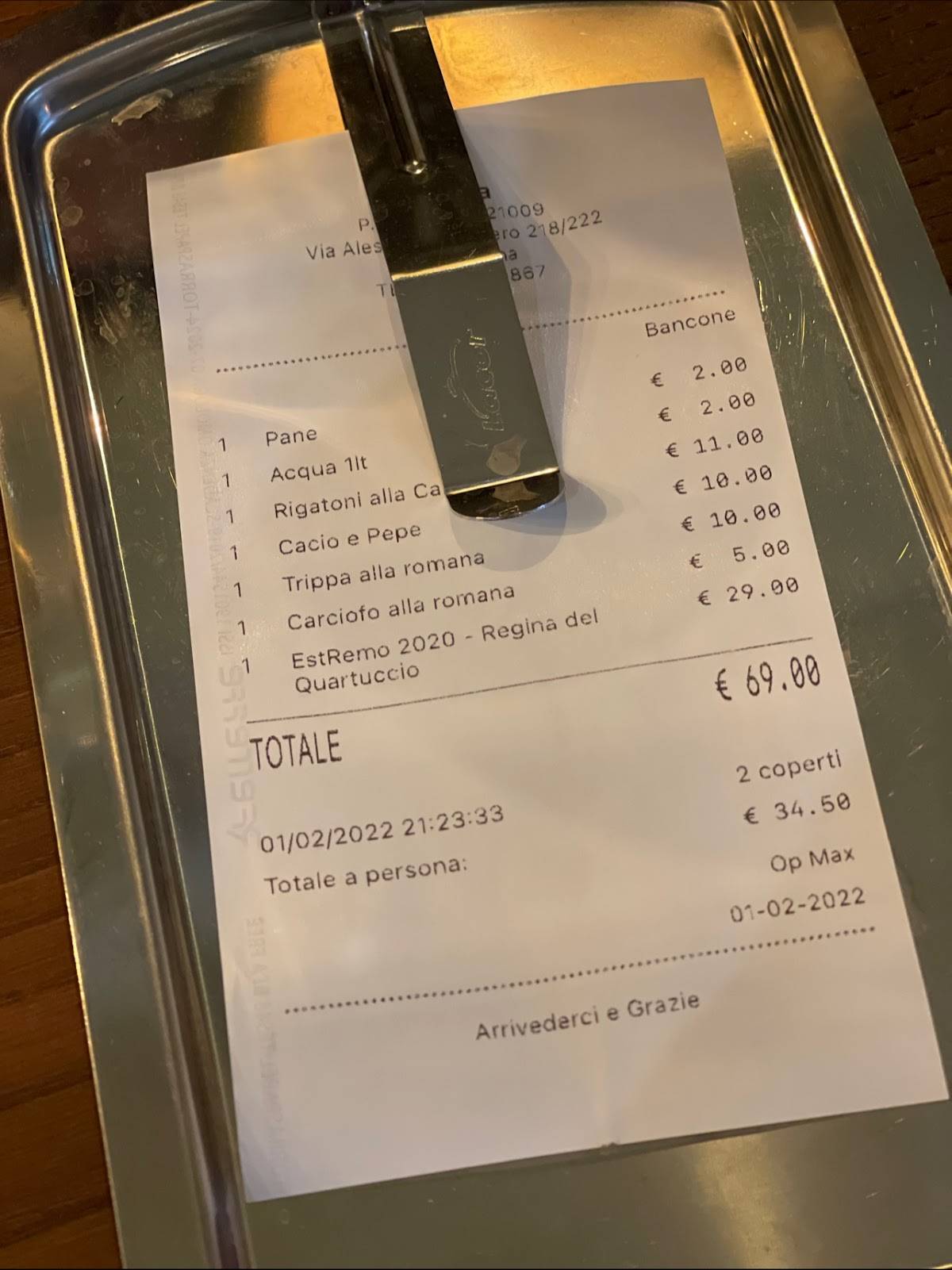 Menu at Trecca - Roma restaurant, Rome