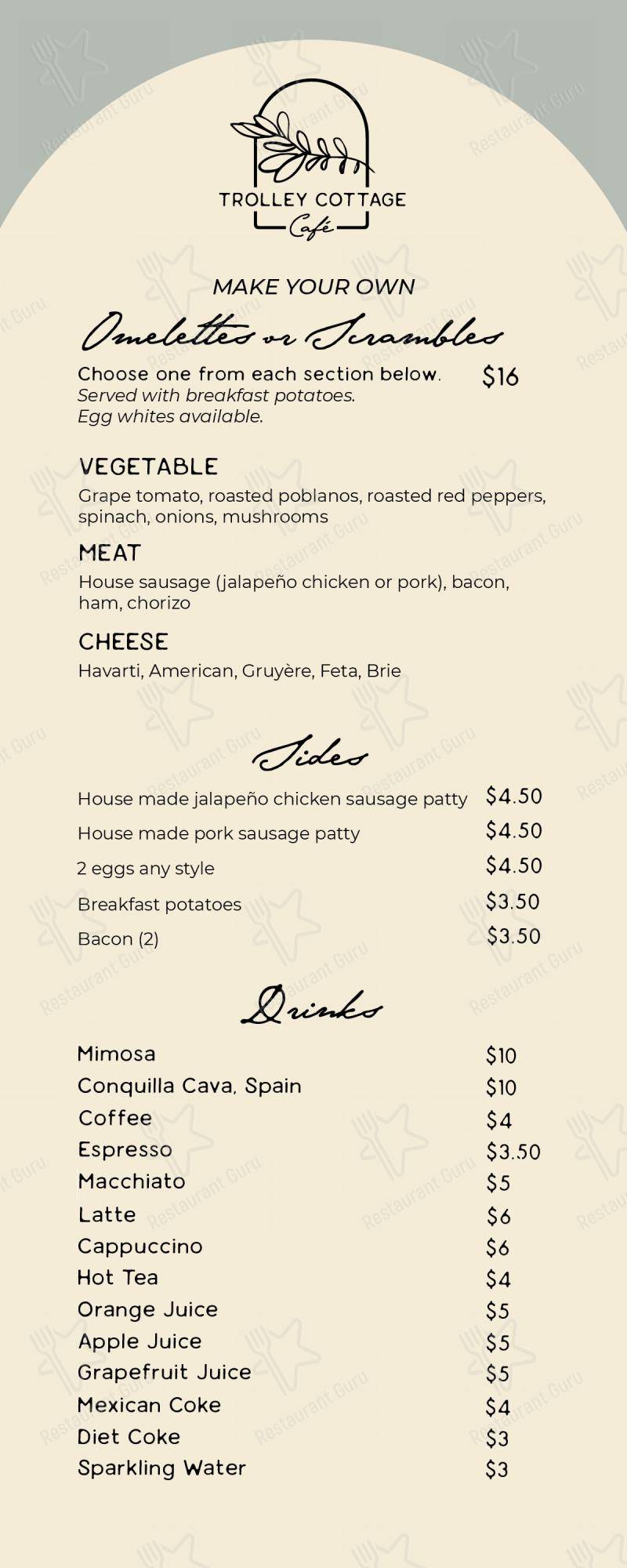 Menu at Trolley Cottage Café restaurant, Salt Lake City