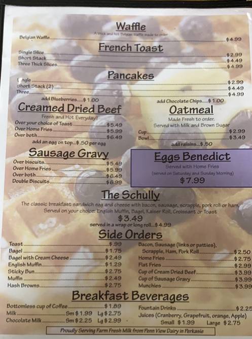 Menu at Spor's General Store restaurant, Trumbauersville