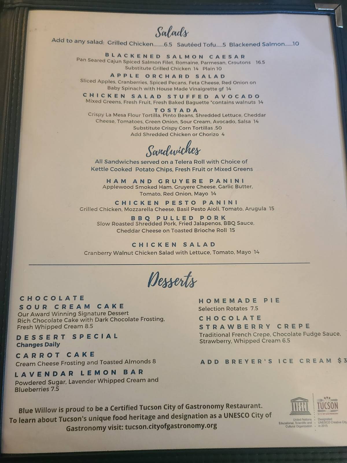 Menu at Blue Willow Restaurant & Gift Shop, Tucson, N Campbell Ave