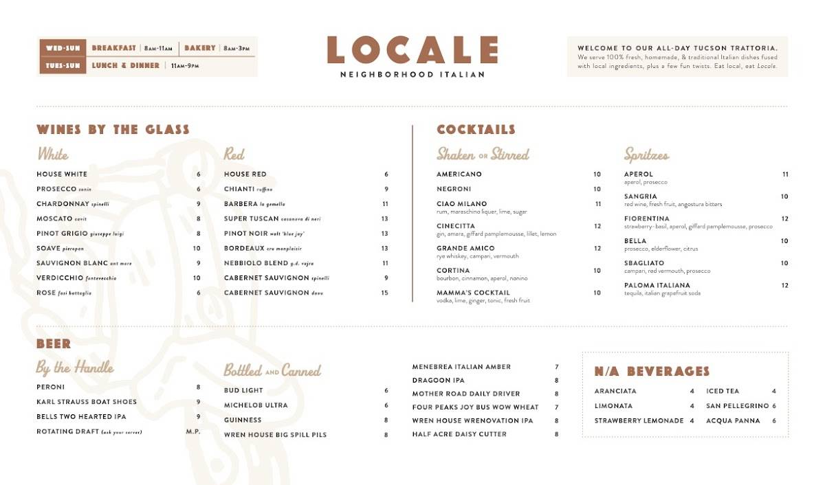 Menu at Locale Neighborhood Italian Restaurant, Tucson