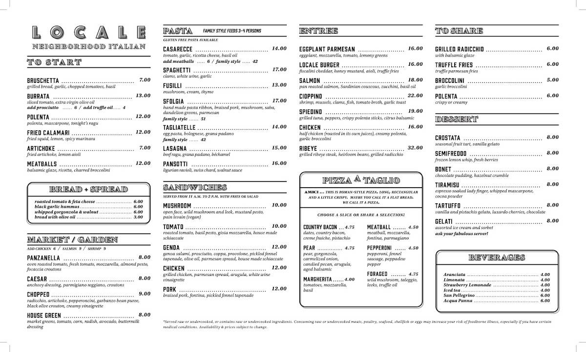 Menu at Locale Neighborhood Italian Restaurant, Tucson