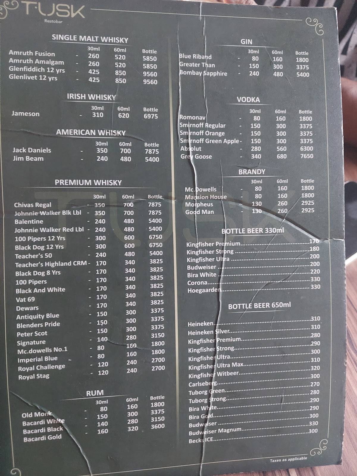 Menu at Tusk Restobar, Mysuru