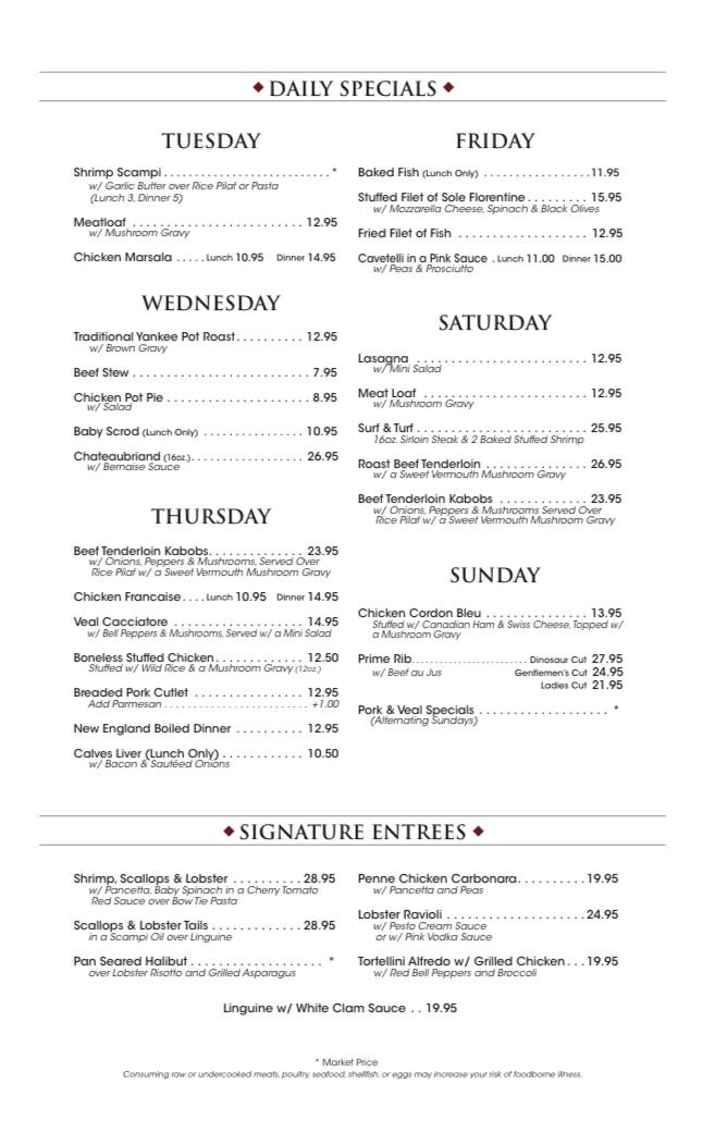 Menu at Twin Oaks Restaurant, Cranston
